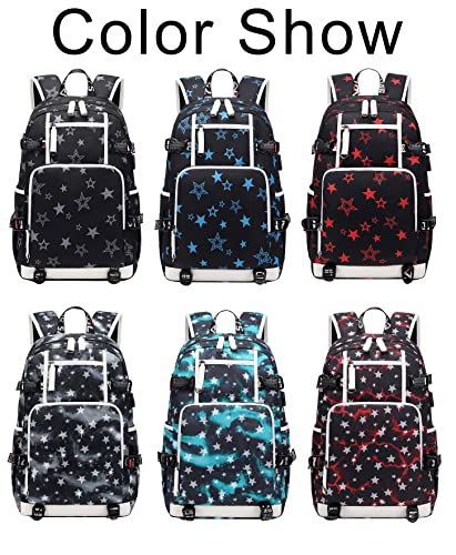 JiaYou Boys Junior Middle School Backpack Men USB High Middle School Laptop Bag Stars Pattern Casual Daypack(Color E,22 Liters)