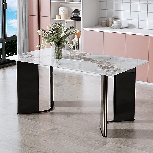 Goderfuu Glass Dining Table for 6 People, 63 inch Modern Kitchen Table with Black Wood Base, White Marble Textured Glass Dining Table Pedestal Dinner Table, Faux Marble Dining Table for Dining Room