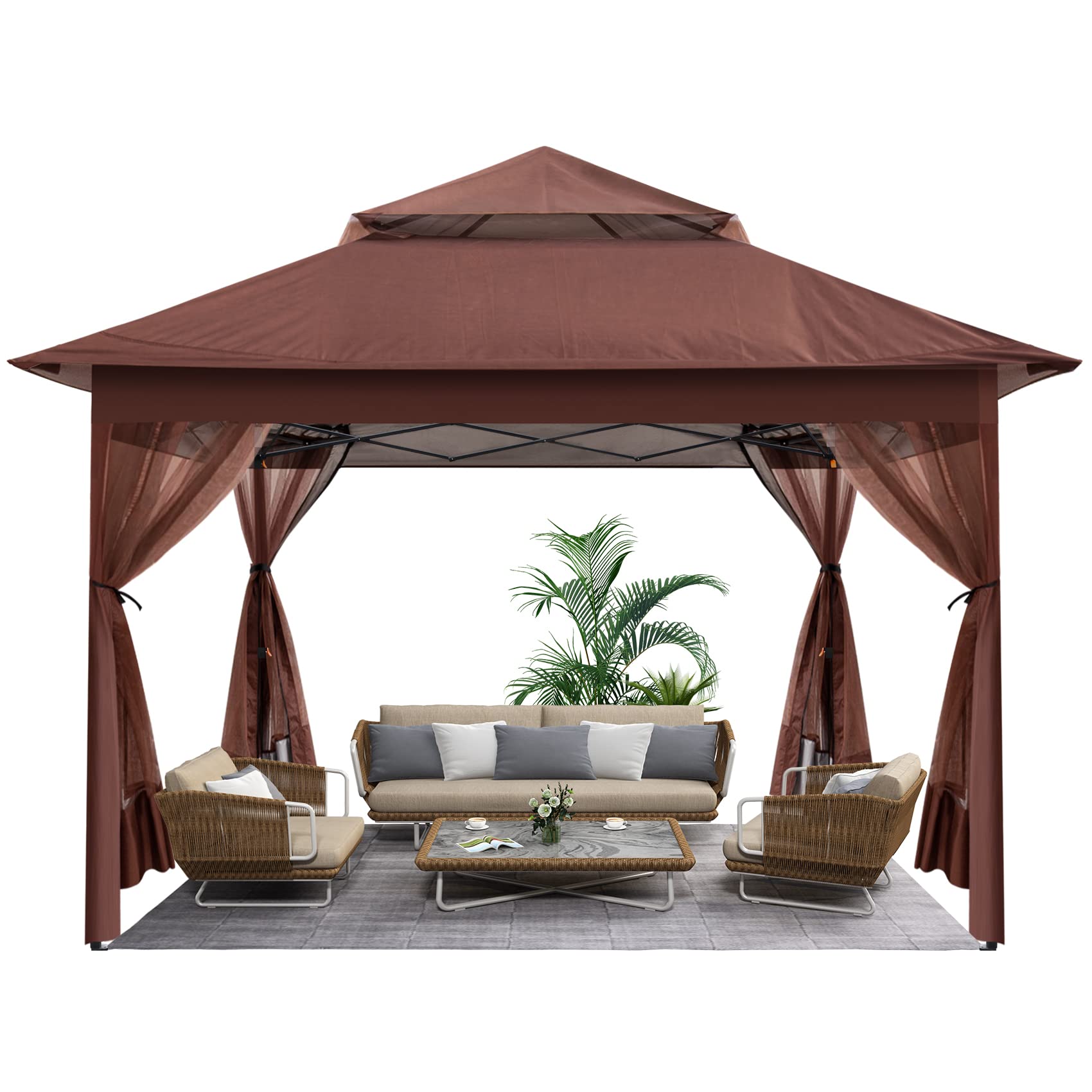 Gazebo, CBBPET 13'x 13' Pop Up Gazebo with Mosquito Netting, Outdoor Gazebo Canopy with Double Roof Tops and 169 Square Feet of Shade for Patio, Group Gatherings, Camping Shelter (Brown)