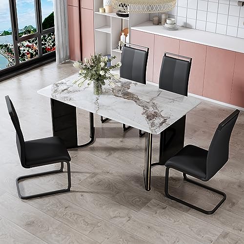 Goderfuu Glass Dining Table for 6 People, 63 inch Modern Kitchen Table with Black Wood Base, White Marble Textured Glass Dining Table Pedestal Dinner Table, Faux Marble Dining Table for Dining Room