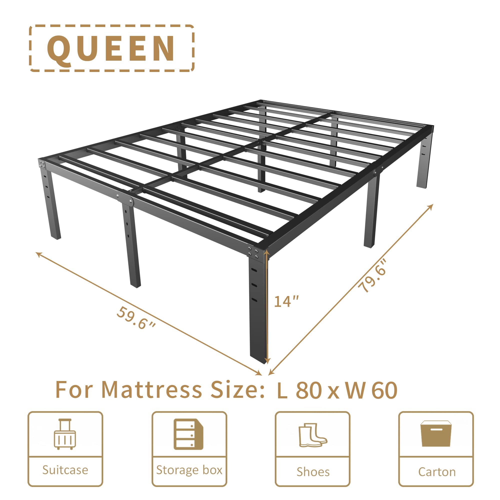 HOBINCHE 14 Inch Metal Bed Frame Queen Size No Box Spring Needed - Easy Assembly Heavy Duty Noise Free Narrow Bedframes - Double Black Basic Steel Slats Platform with Storage