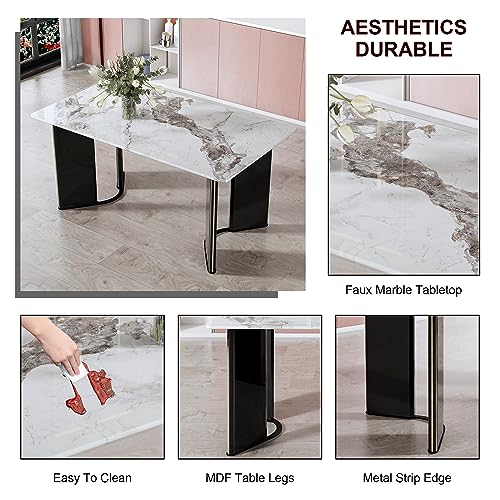 Goderfuu Glass Dining Table for 6 People, 63 inch Modern Kitchen Table with Black Wood Base, White Marble Textured Glass Dining Table Pedestal Dinner Table, Faux Marble Dining Table for Dining Room