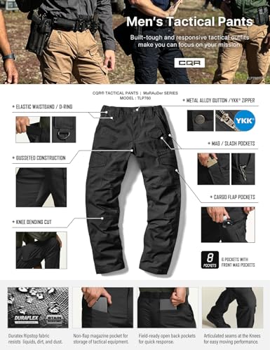 CQR Men's Flex Ripstop Tactical Pants, Water Resistant Stretch Cargo Pants, Lightweight EDC Hiking Work Pants, Dura Flex Mag Pocket Black, 38W x 34L