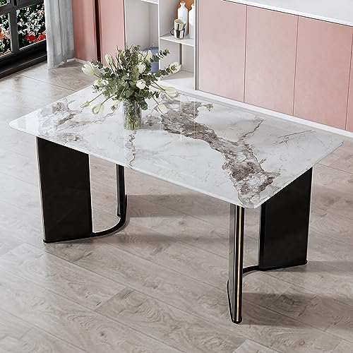 Goderfuu Glass Dining Table for 6 People, 63 inch Modern Kitchen Table with Black Wood Base, White Marble Textured Glass Dining Table Pedestal Dinner Table, Faux Marble Dining Table for Dining Room