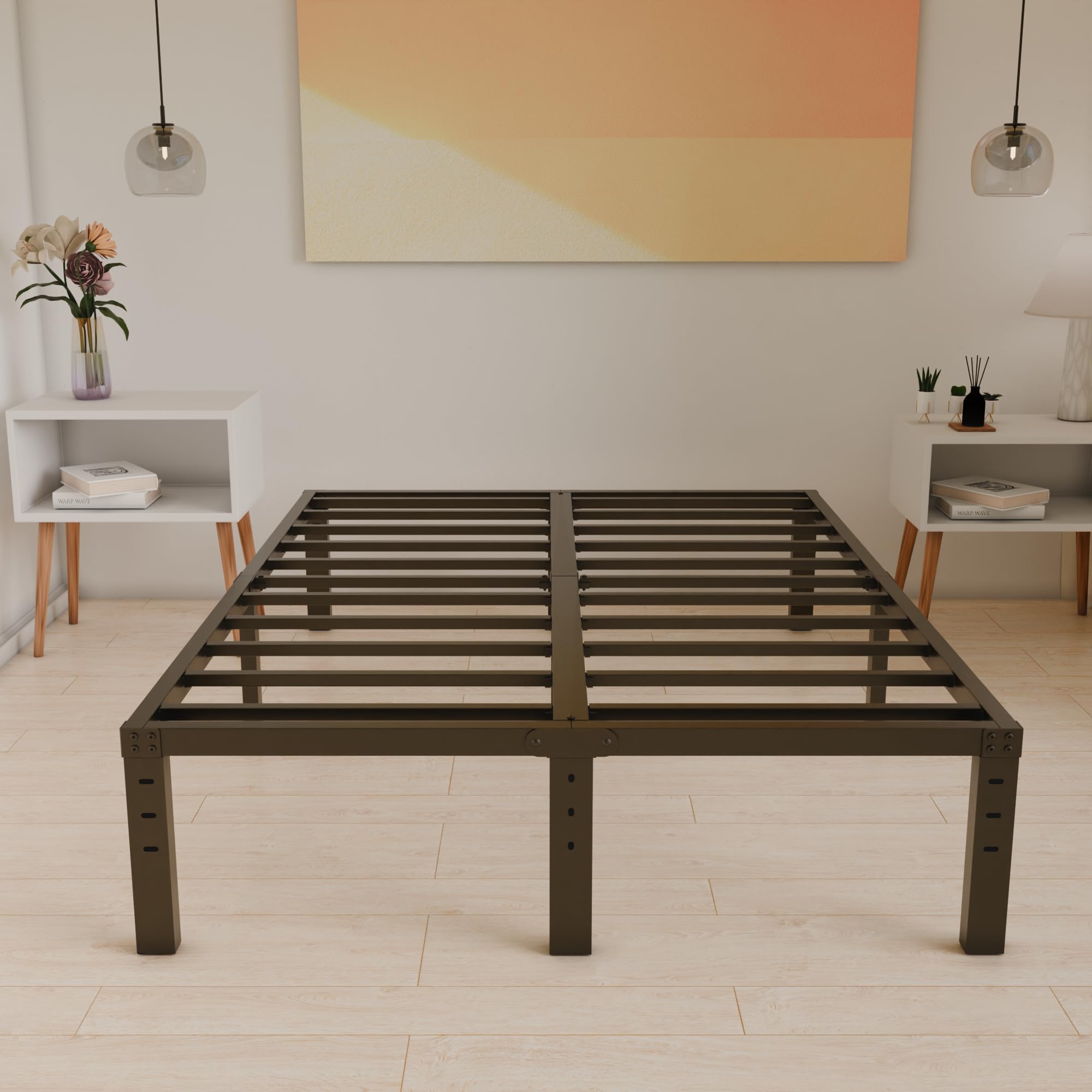 HOBINCHE 14 Inch Metal Bed Frame Queen Size No Box Spring Needed - Easy Assembly Heavy Duty Noise Free Narrow Bedframes - Double Black Basic Steel Slats Platform with Storage