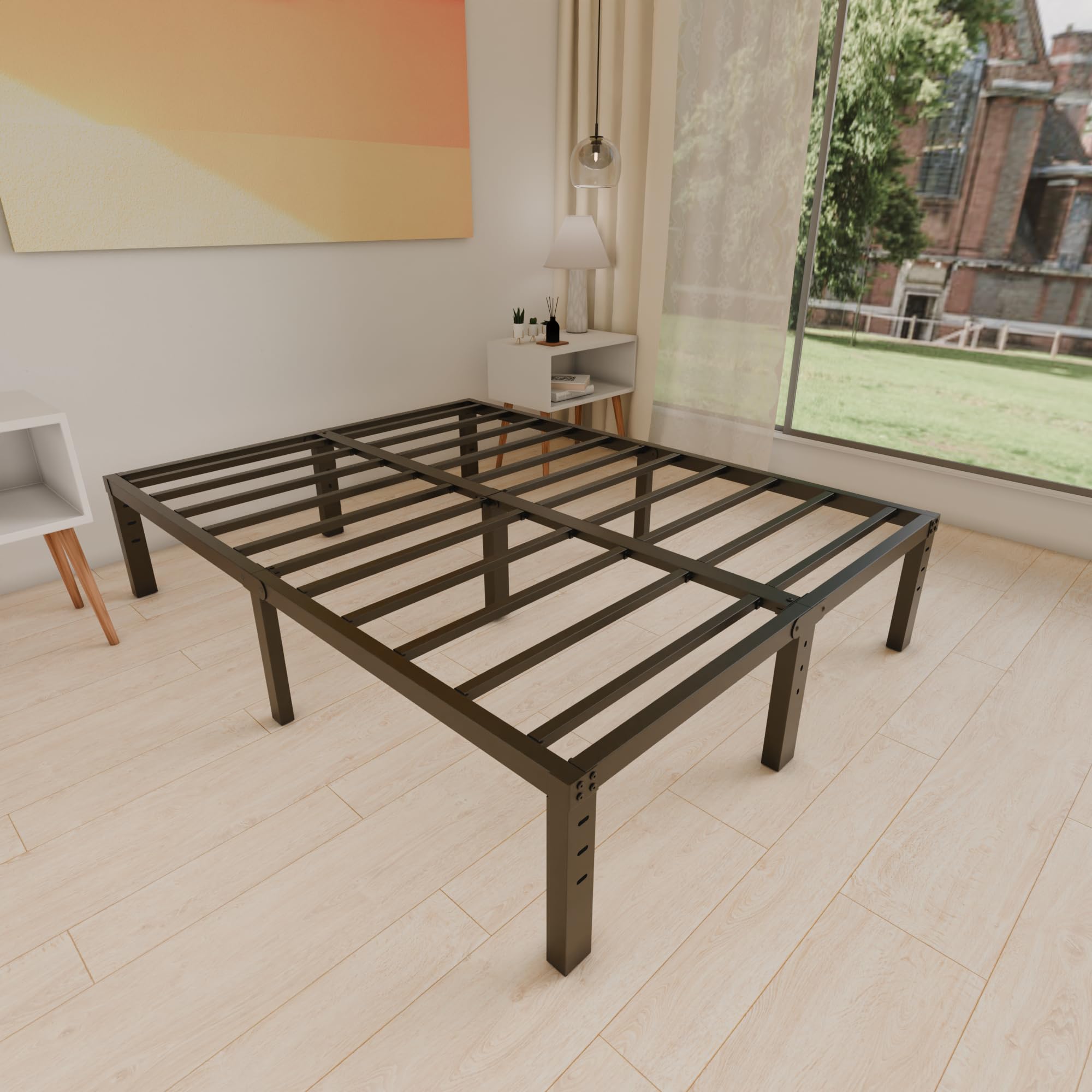HOBINCHE 14 Inch Metal Bed Frame Queen Size No Box Spring Needed - Easy Assembly Heavy Duty Noise Free Narrow Bedframes - Double Black Basic Steel Slats Platform with Storage