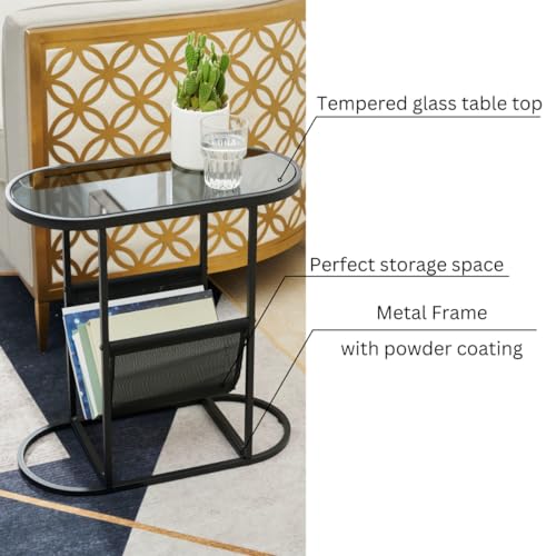 HoRunzelin Modern Oval End Table with Leatherette Magazine Sling, Glass Top Small Side Table with Metal Frame, Rustic Snack Accent Table, Black