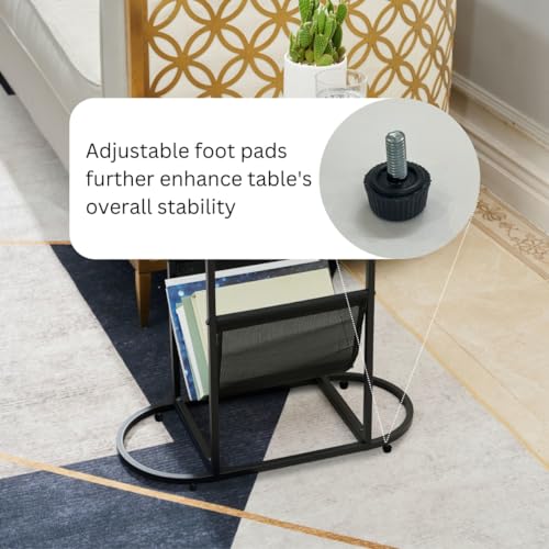 HoRunzelin Modern Oval End Table with Leatherette Magazine Sling, Glass Top Small Side Table with Metal Frame, Rustic Snack Accent Table, Black