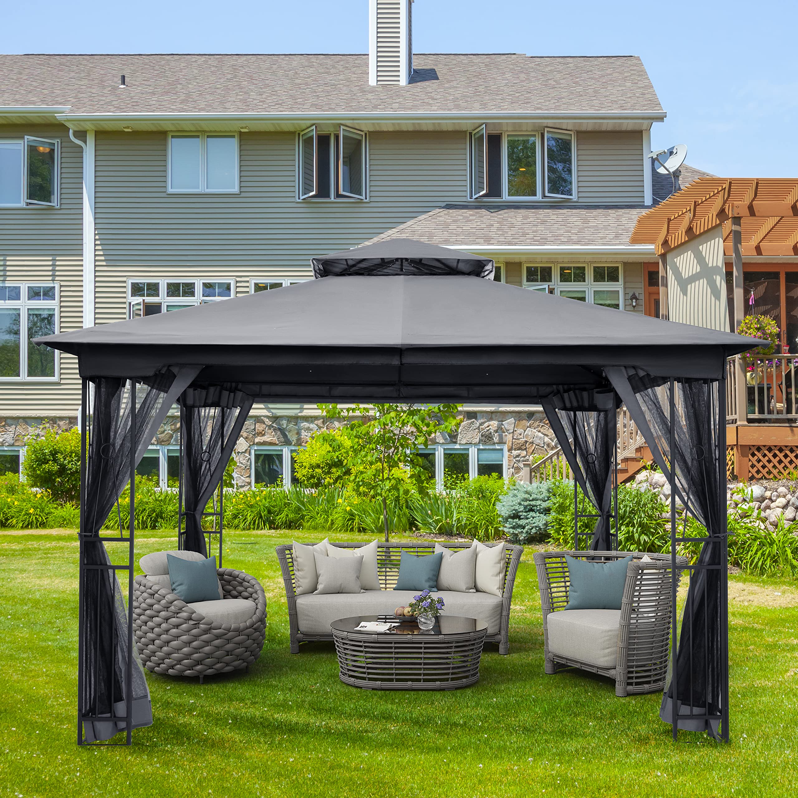 HAPPATIO 10' X 12' Patio Gazebo with Ventilation Double Roof,Outdoor Gazebo with Mosquito Netting for Lawn, Garden (Grey)