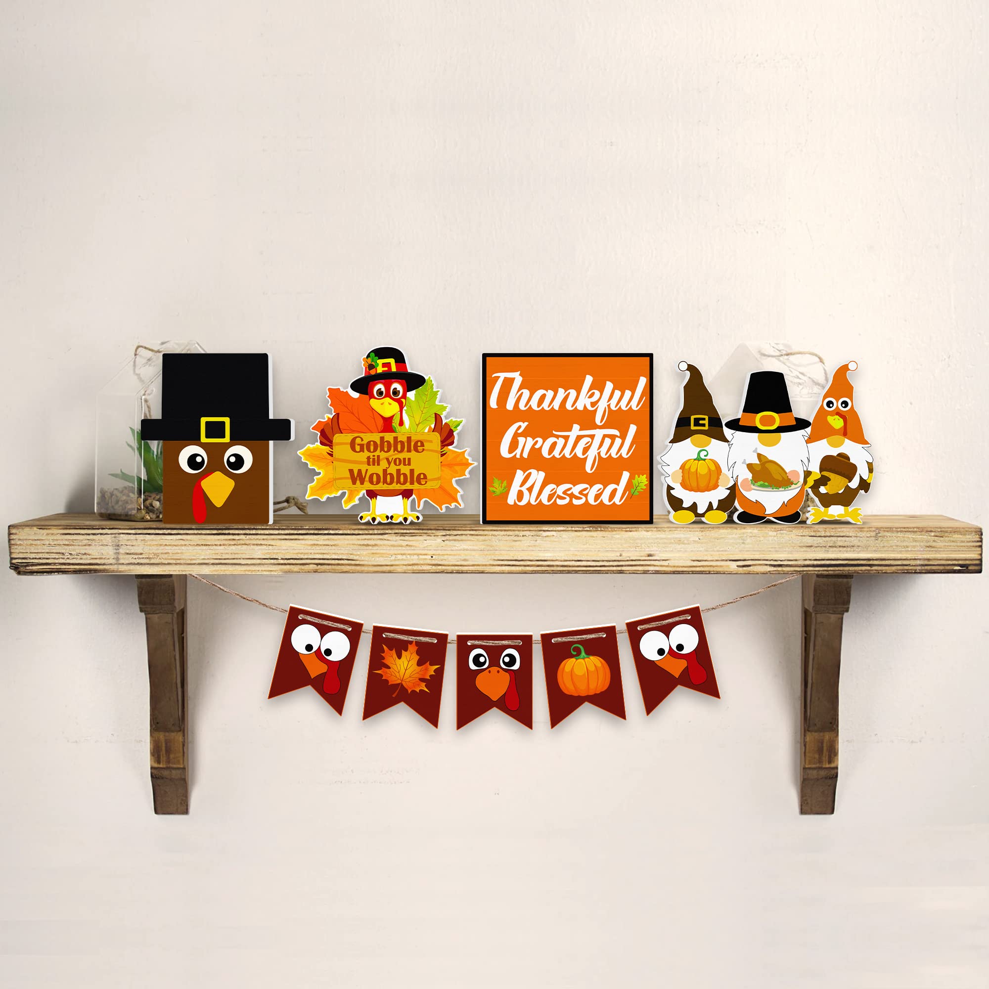 Thanksgiving Tiered Tray Decor Set - 9PCS Includes Turkey Wooden Gnome Signs Pumpkin Maple Leaf for Thanksgiving Home Indoor Kitchen Table Decorations(Tiered Tray Not Included)
