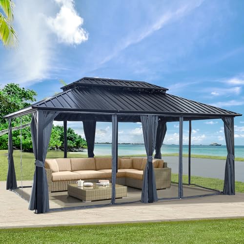 Goohome 12 x 18FT Hardtop Gazebo, Aluminum Frame Double Roof Canopy with Mosquito Net and Curtains, Outdoor Permanent Hard Top Waterproof Pergola for Shade and Rain for Lawn, Backyard, Patio