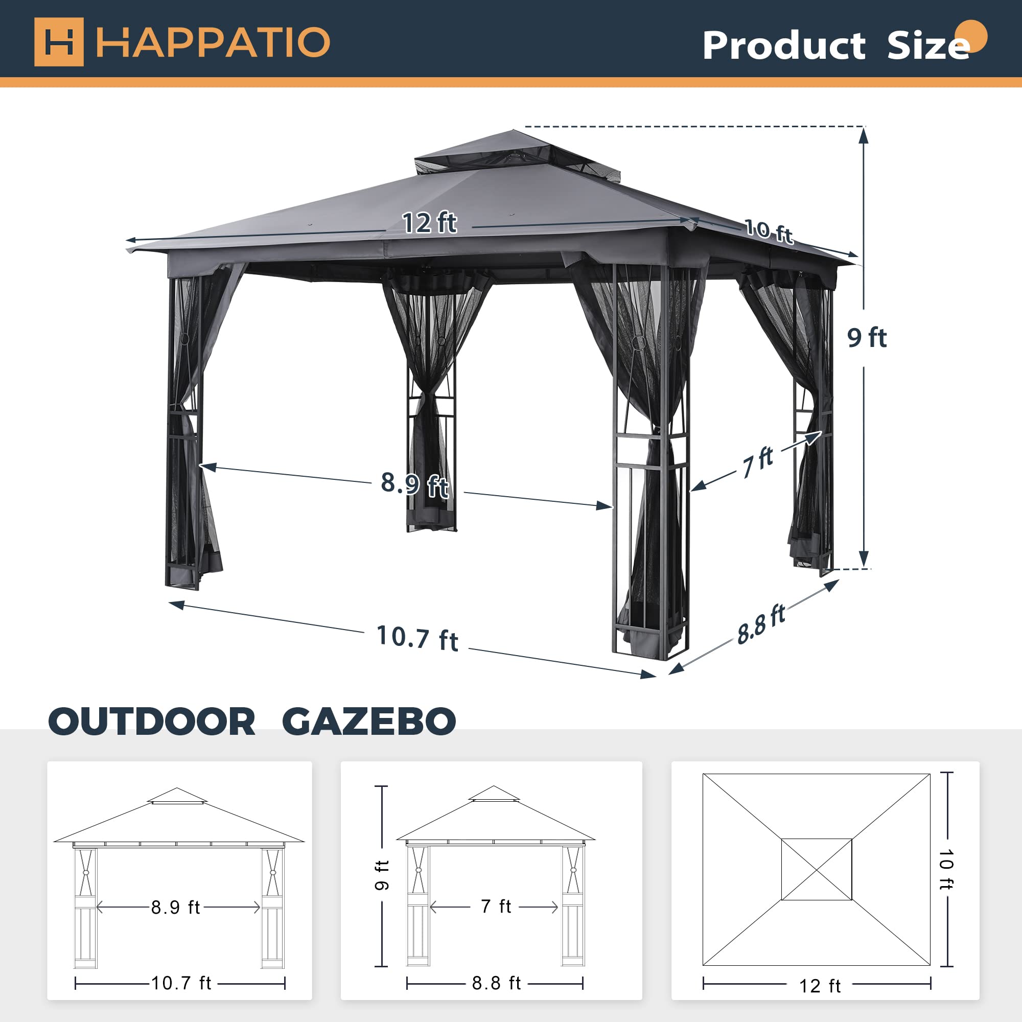 HAPPATIO 10' X 12' Patio Gazebo with Ventilation Double Roof,Outdoor Gazebo with Mosquito Netting for Lawn, Garden (Grey)