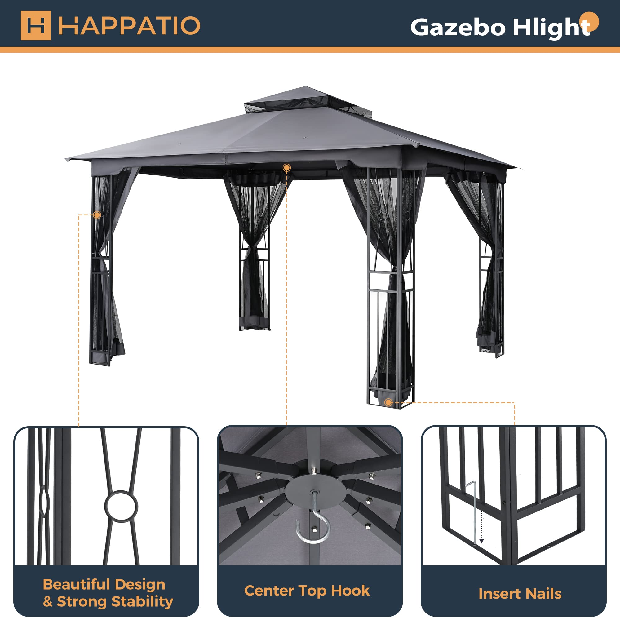 HAPPATIO 10' X 12' Patio Gazebo with Ventilation Double Roof,Outdoor Gazebo with Mosquito Netting for Lawn, Garden (Grey)