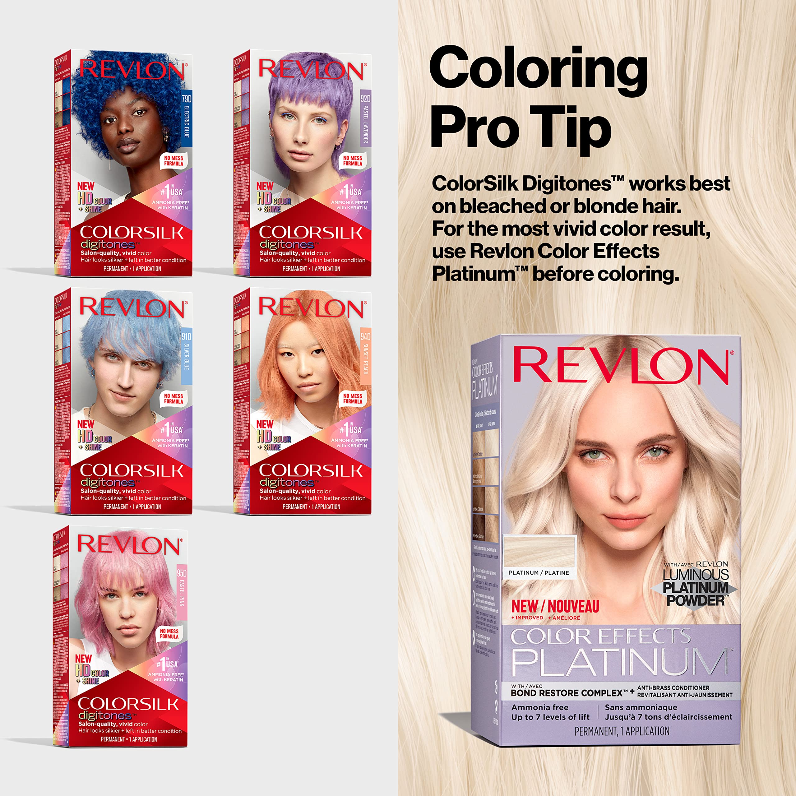 Bundle of Revlon Colorsilk Digitones with Keratin Hair Color in 95D Pastel Pink + Revlon Color Effects Highlighting Kit in 60 Platinum