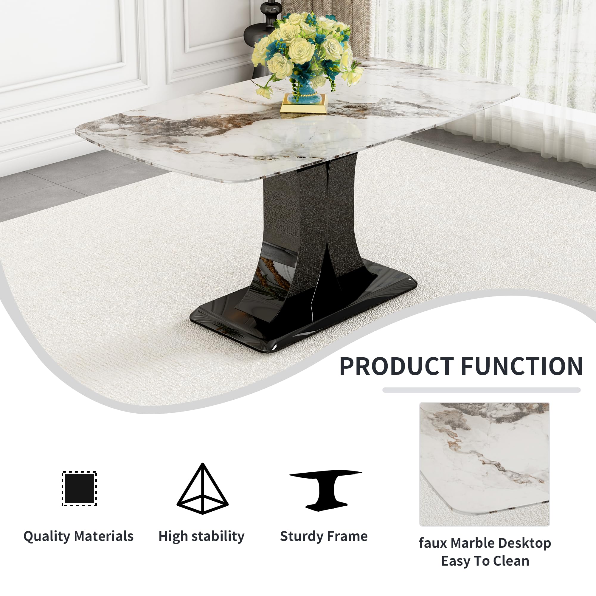 Pvillez 63" White Faux Marble Dining Table, Modern Kitchen Table for 4 6 People, Rectangular Dinner Room Table Marble Sintered Stone Top & Black Curved X Shape Pedestal Table for Dining Room Kitchen