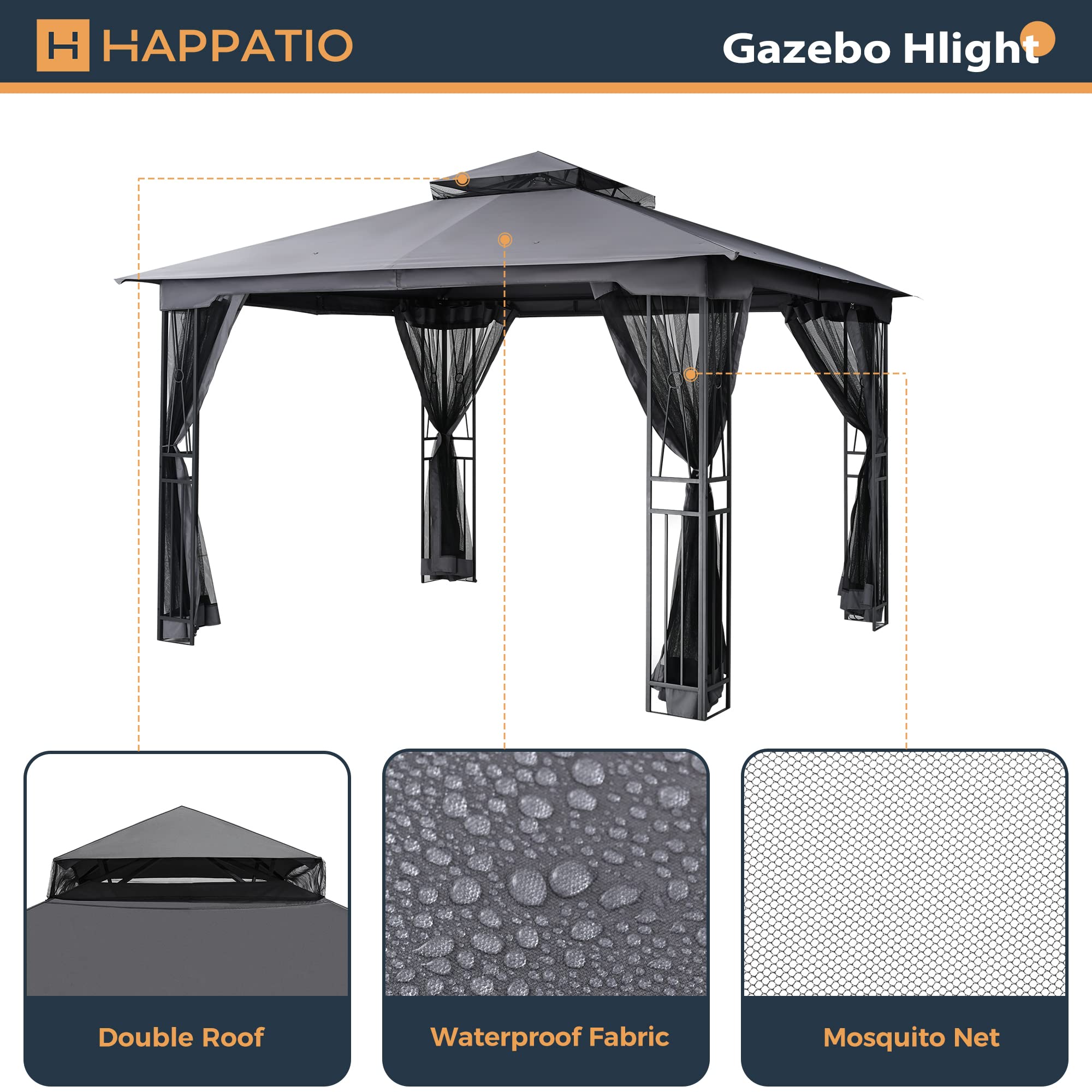 HAPPATIO 10' X 12' Patio Gazebo with Ventilation Double Roof,Outdoor Gazebo with Mosquito Netting for Lawn, Garden (Grey)