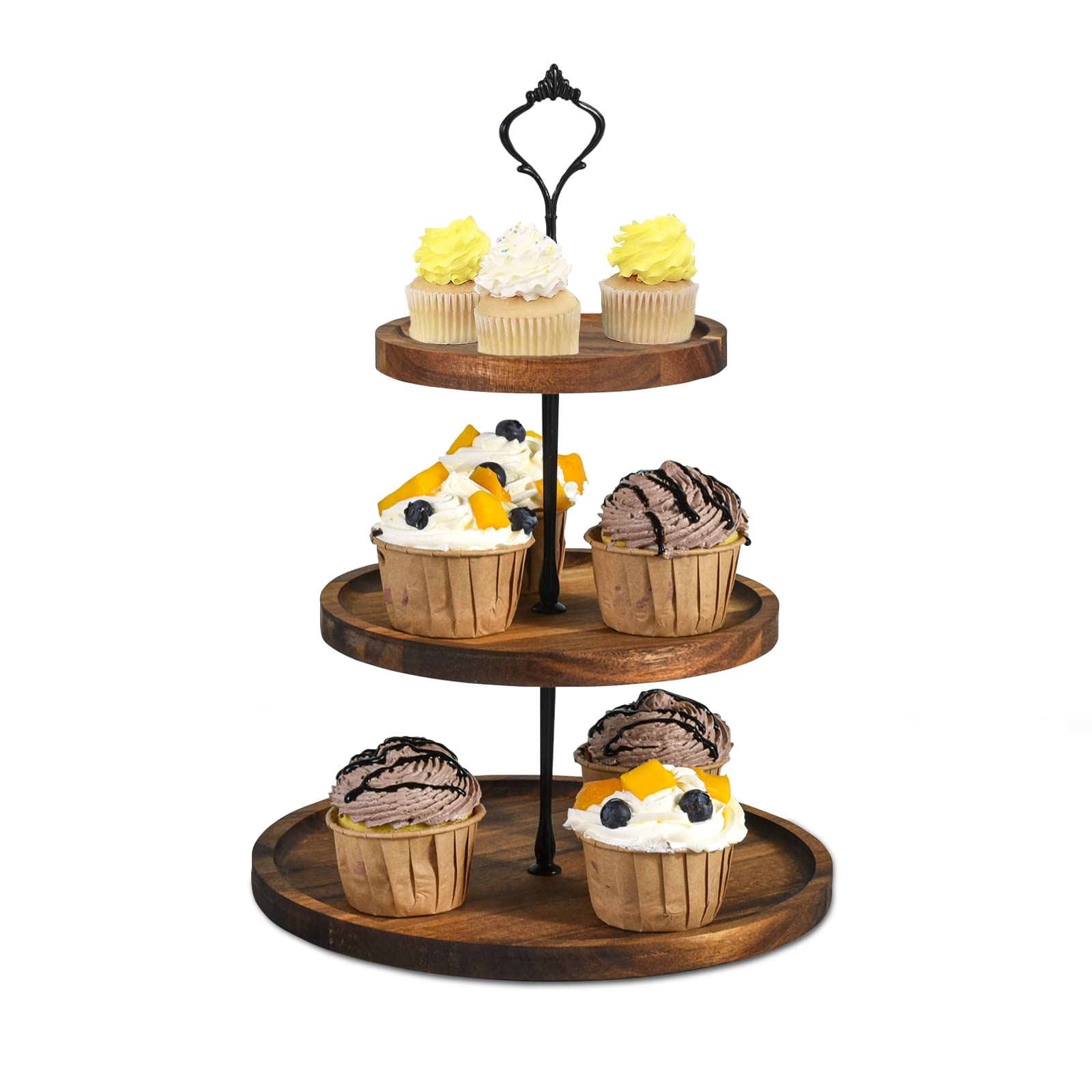 Earthyme 3 Tiered Serving Tray Stand - Rustic Wooden Tiered Cupcake Stand for Fruit and Sweets Display - Easy Assembly Decorative Tiered Tray for Home, Catering, Fruit and Sweets Display