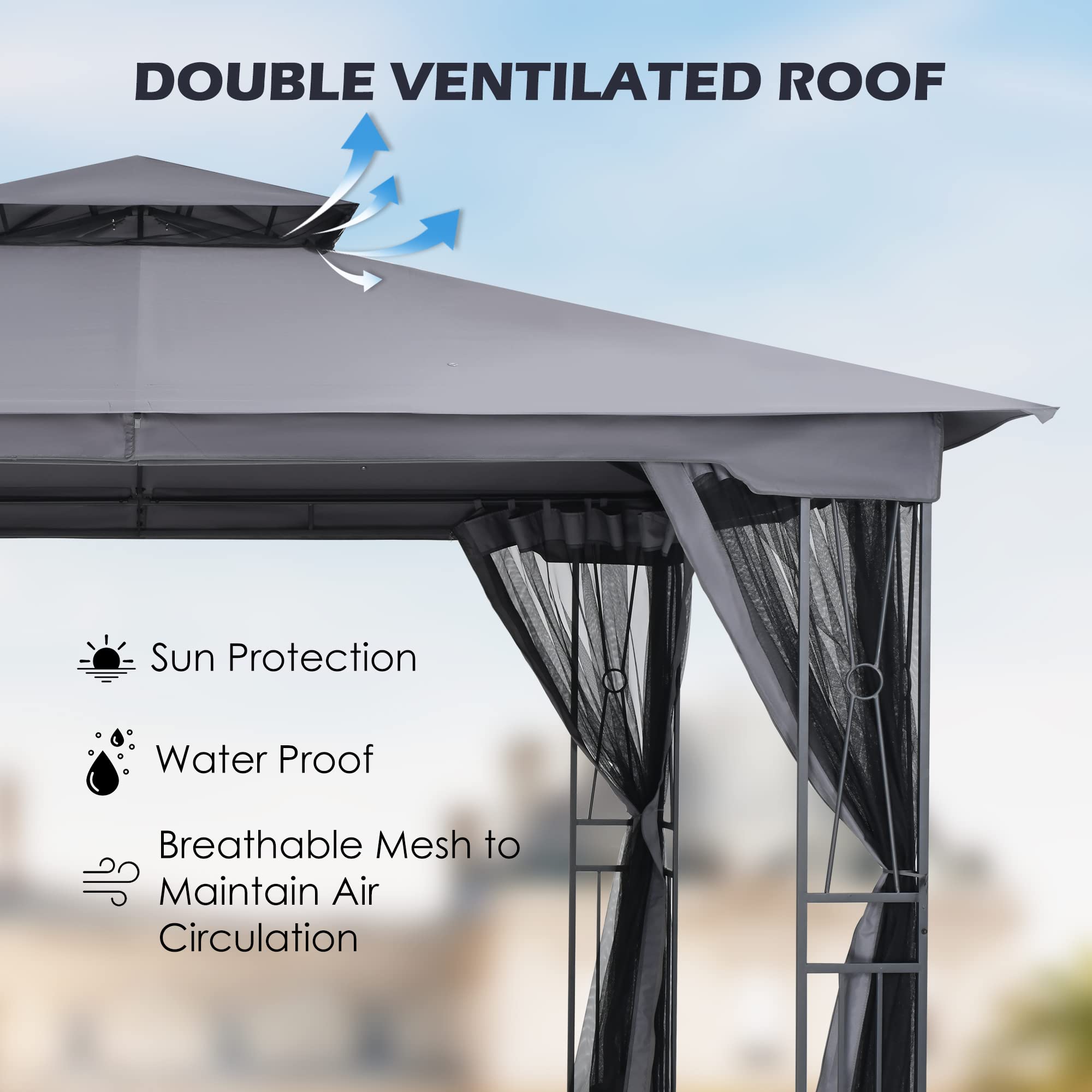 HAPPATIO 10' X 12' Patio Gazebo with Ventilation Double Roof,Outdoor Gazebo with Mosquito Netting for Lawn, Garden (Grey)