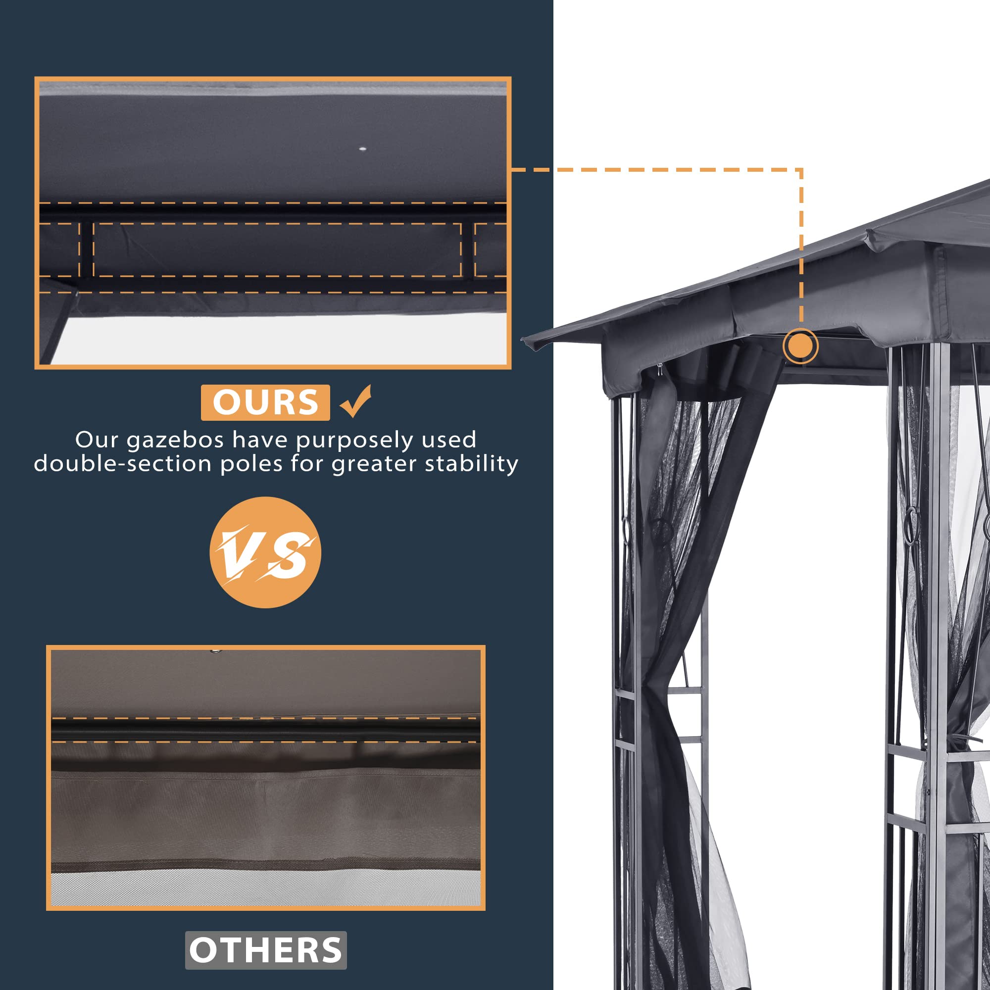 HAPPATIO 10' X 12' Patio Gazebo with Ventilation Double Roof,Outdoor Gazebo with Mosquito Netting for Lawn, Garden (Grey)