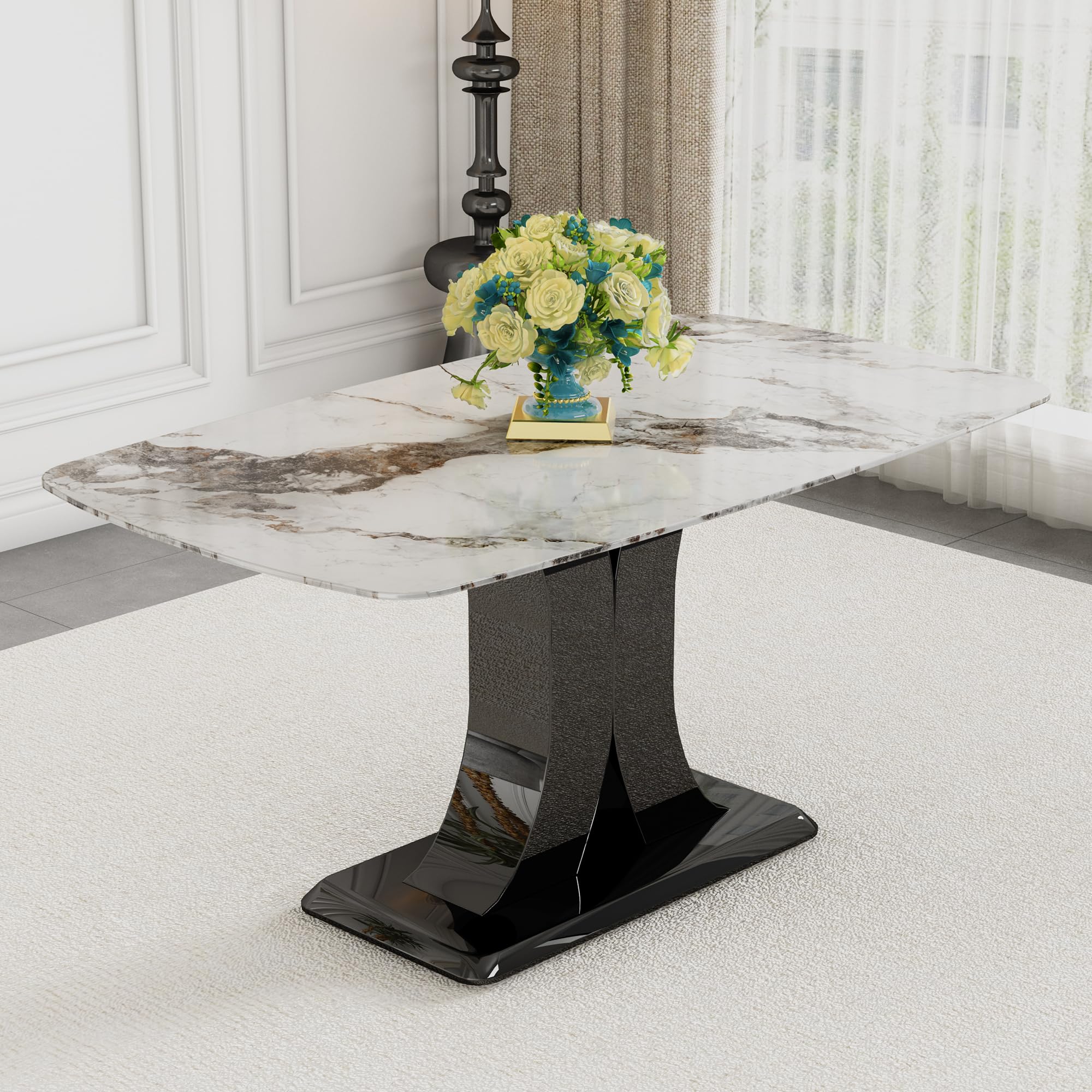 Pvillez 63" White Faux Marble Dining Table, Modern Kitchen Table for 4 6 People, Rectangular Dinner Room Table Marble Sintered Stone Top & Black Curved X Shape Pedestal Table for Dining Room Kitchen