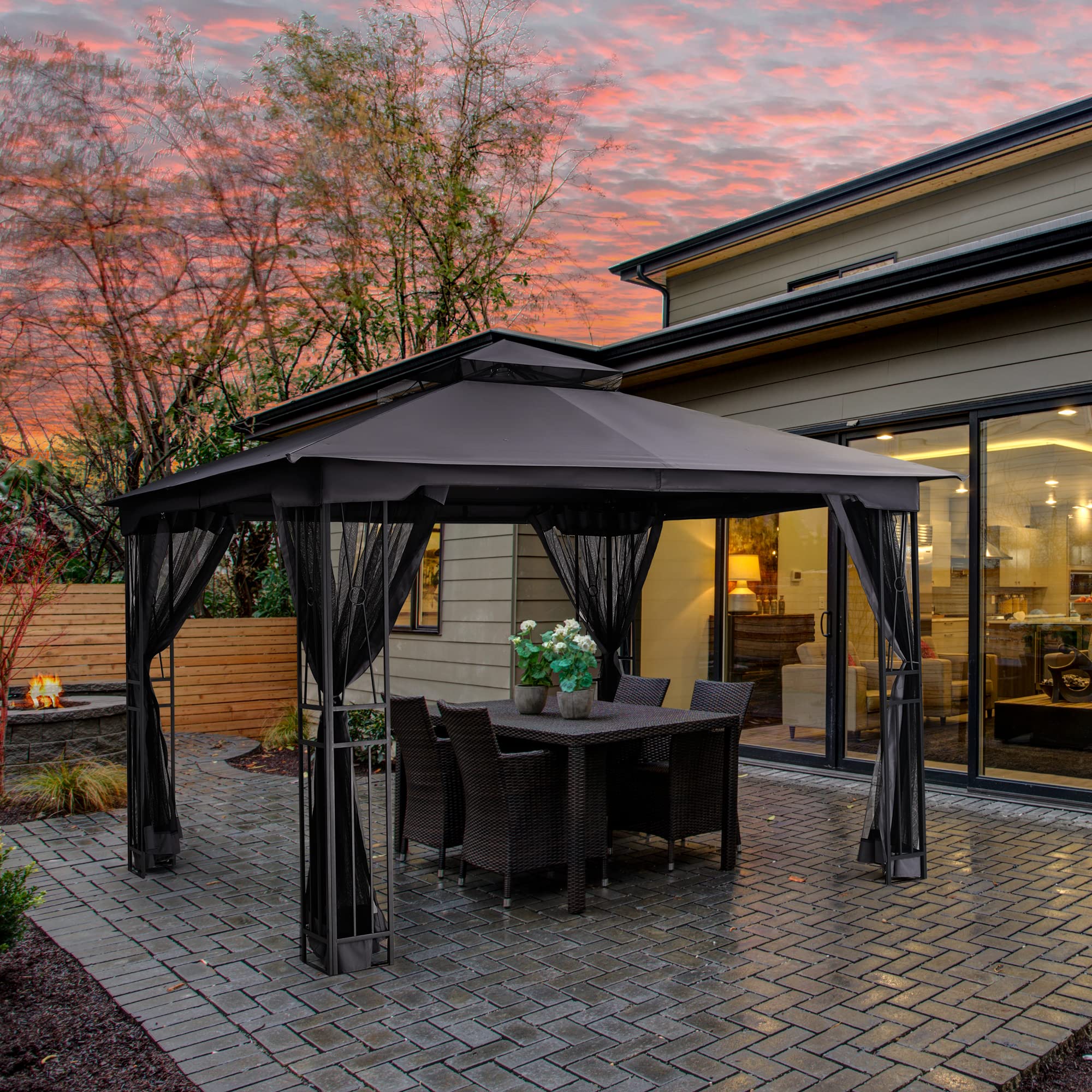 HAPPATIO 10' X 12' Patio Gazebo with Ventilation Double Roof,Outdoor Gazebo with Mosquito Netting for Lawn, Garden (Grey)