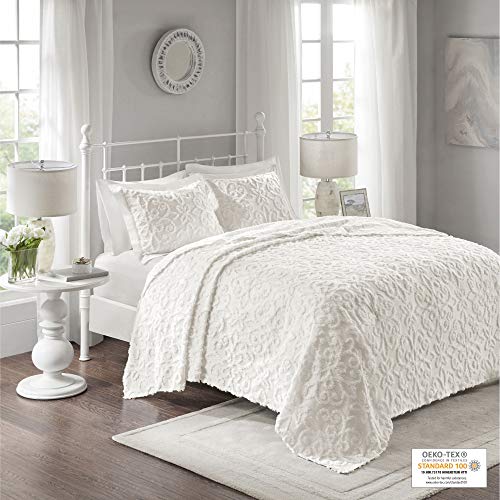 Madison Park Chenille Tufted 100% Cotton Quilt All Season, Lightweight, Breathable Coverlet Bedspread Bedding Set, Matching Shams, Oversized King/Cal King(120"x118"), Sabrina, Off White