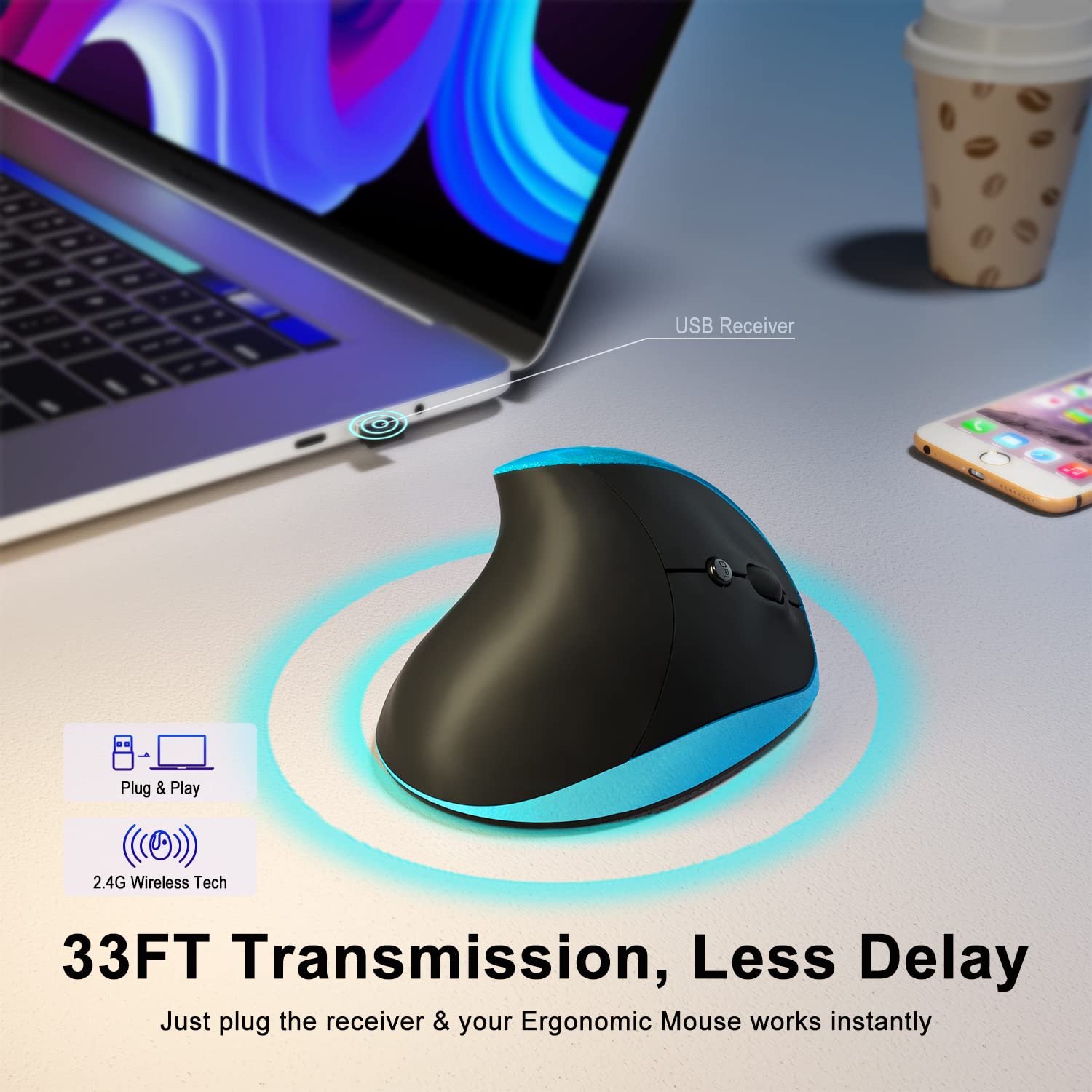 Vassink Ergonomic Mouse, Rechargeable Wireless Mouse Right Handed Small Mouse with 6 Buttons for Laptop,Desktop,PC, MacBook(Blue)