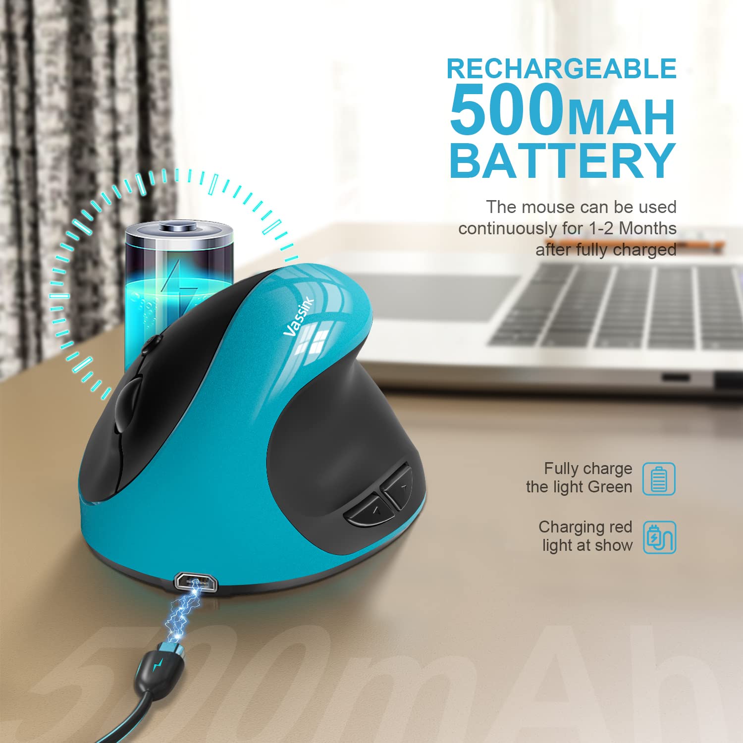 Vassink Ergonomic Mouse, Rechargeable Wireless Mouse Right Handed Small Mouse with 6 Buttons for Laptop,Desktop,PC, MacBook(Blue)