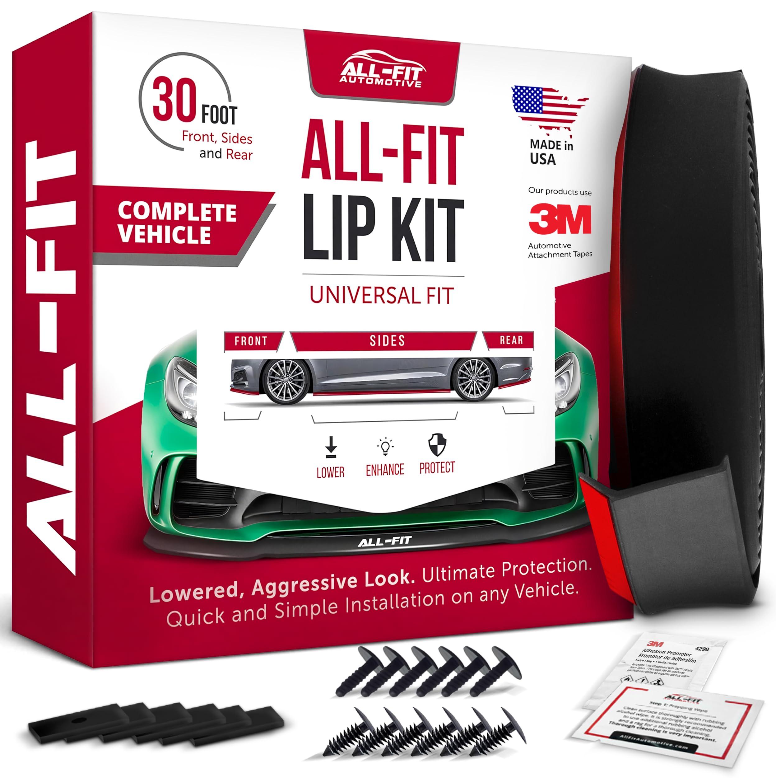 All-Fit Complete 1.5” Lip Kit – Full Car Bumper & Side Skirt Protection – Sleek, Flexible Trim for a Lowered Look – Durable, Easy-to-Install Automotive Exterior Accessories (1.5” W x 30’ L, Red)