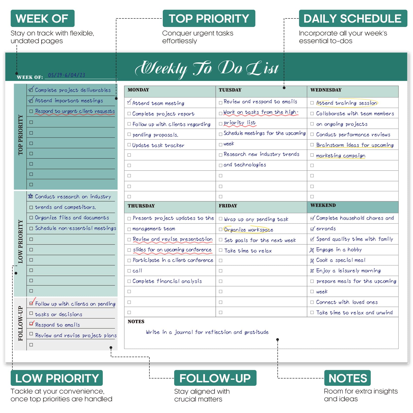 Weekly To Do List Notepad with 52 Tear Off Sheets(8.5"×11")- Undated Weekly Desk Planner for Women & Man,Work and Home-Greenery Sway