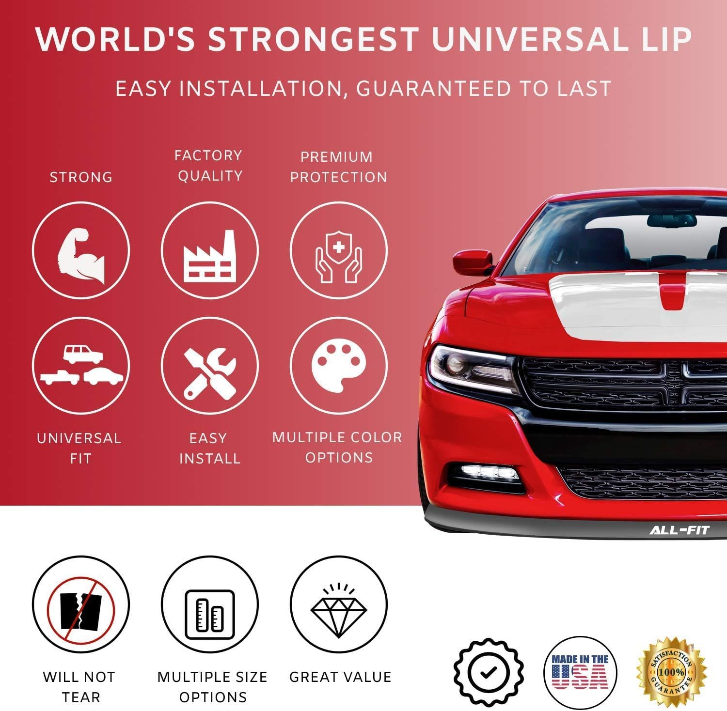All-Fit Automotive Lip Kit for Side Skirts – Sleek Ground Effect & Improved Airflow – Durable, Easy-to-Install Automotive Exterior Accessories (2.5” W x 14’ L, Red)