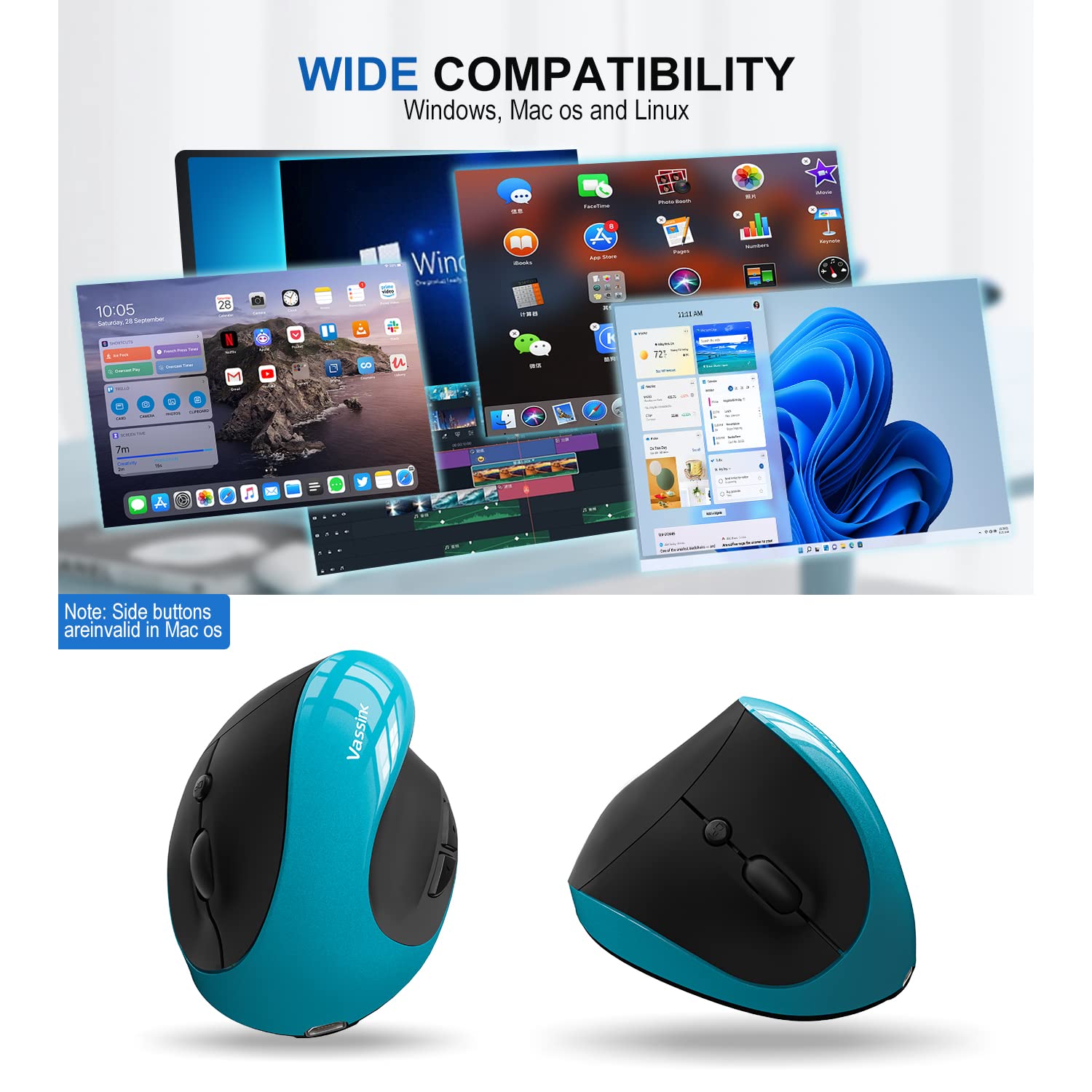 Vassink Ergonomic Mouse, Rechargeable Wireless Mouse Right Handed Small Mouse with 6 Buttons for Laptop,Desktop,PC, MacBook(Blue)
