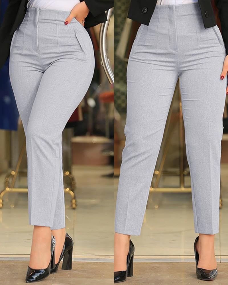 Women 6 Pockets High Waisted Cargo Pants Wide Leg Casual Pants Combat Military Trouser Light Gray