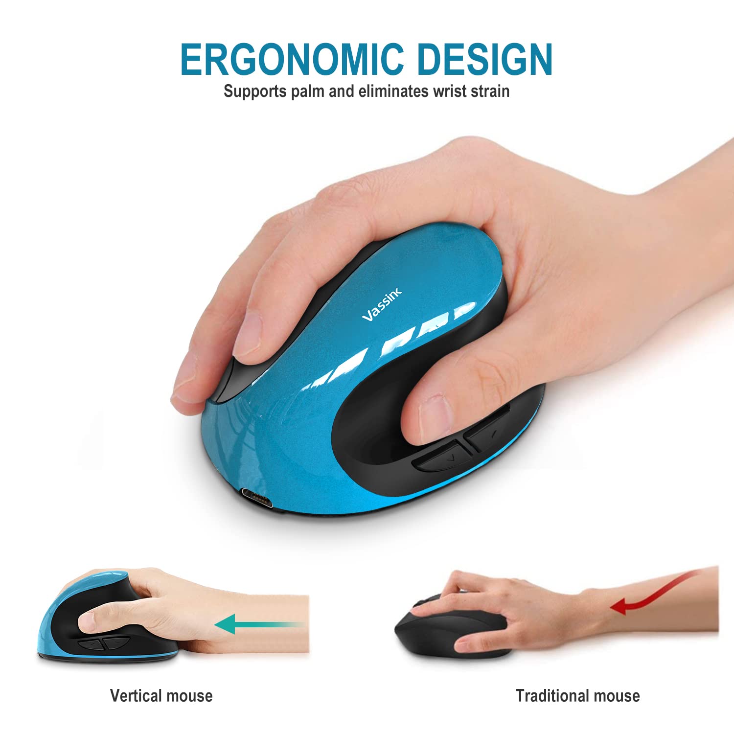 Vassink Ergonomic Mouse, Rechargeable Wireless Mouse Right Handed Small Mouse with 6 Buttons for Laptop,Desktop,PC, MacBook(Blue)