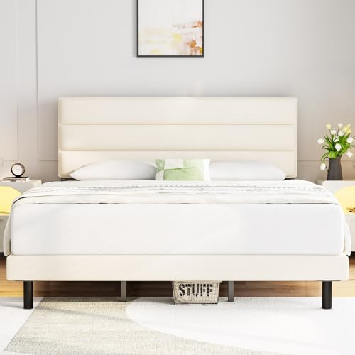 IYEE NATURE Full Bed Frame with Headboard,Sturdy Platform Bed with Wooden Slats Support,No Box Spring,Mattress Foundation,Easy Assembly,Beige