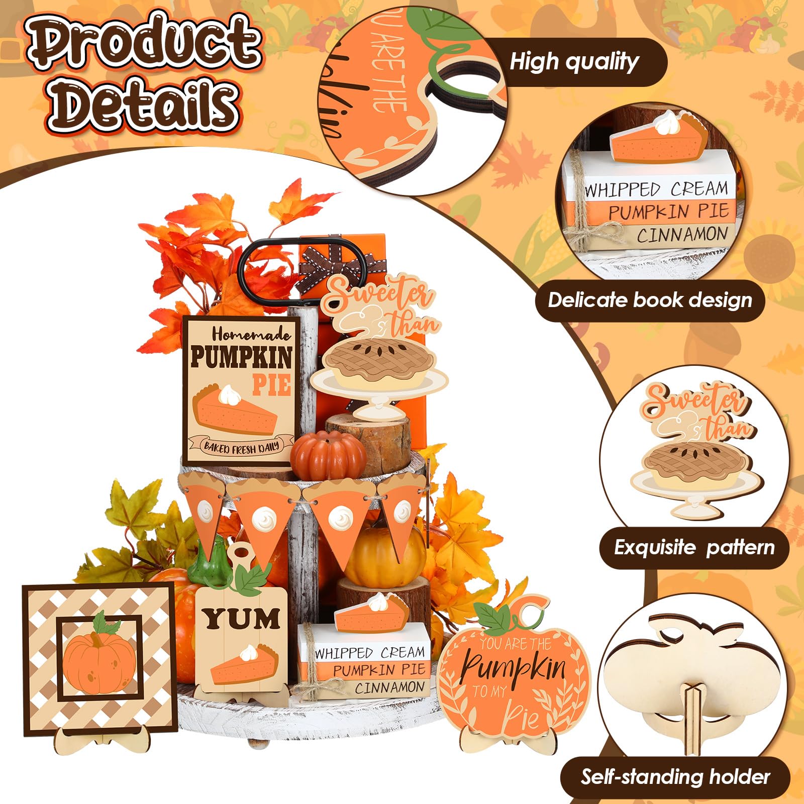 Tradder 14 Pcs Fall Tiered Tray Decorations Tiered Tray Decor Set Rustic Table Thanksgiving Decorative Trays Wooden Pie Autumn Pumpkin Tiered Tray for Farmhouse Home Kitchen Autumn Thanksgiving