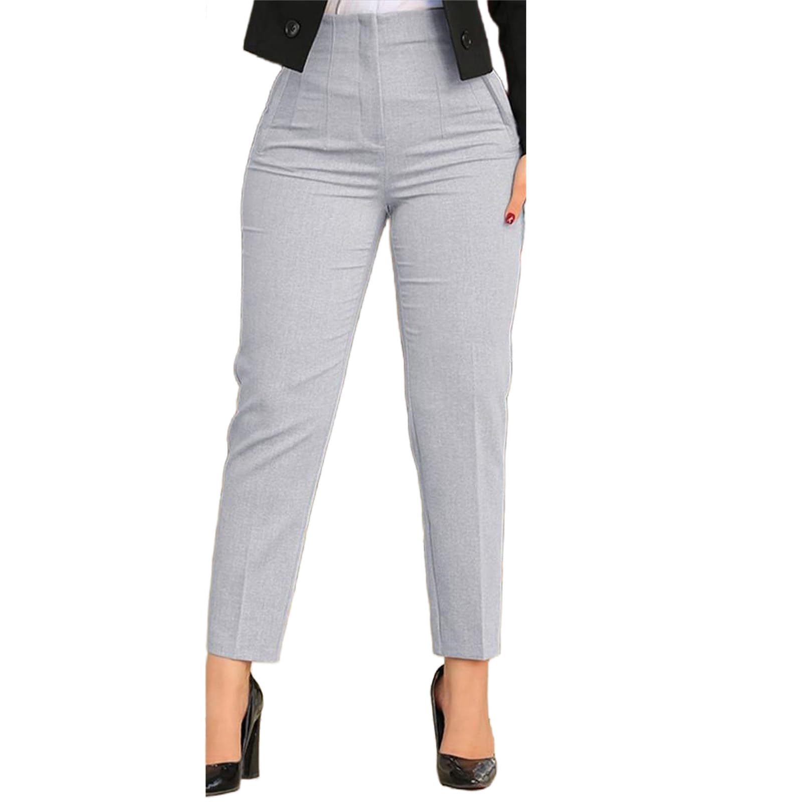Women 6 Pockets High Waisted Cargo Pants Wide Leg Casual Pants Combat Military Trouser Light Gray
