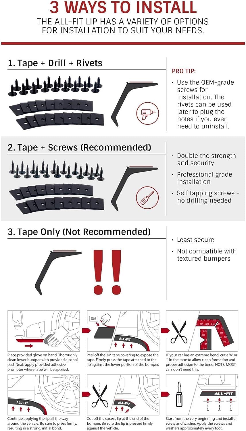 All-Fit Automotive Lip Kit for Side Skirts – Sleek Ground Effect & Improved Airflow – Durable, Easy-to-Install Automotive Exterior Accessories (2.5” W x 14’ L, Red)