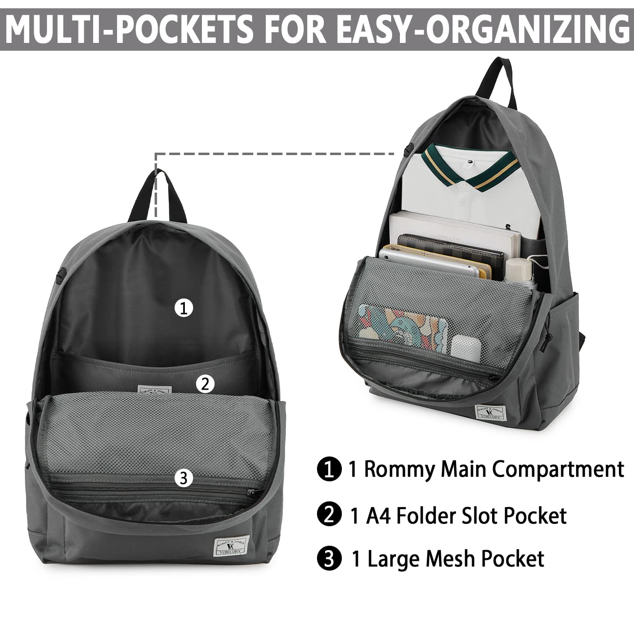 VX VONXURY Lightweight School Backpack for Teen Boys and Girls,Water Resistant Bookbag for Travel Work(Grey)