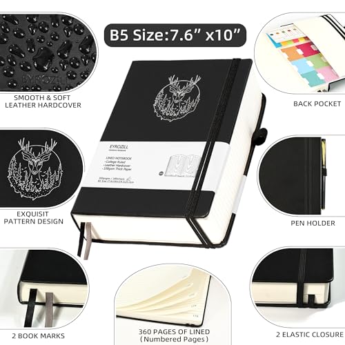 EYROZILL B5 Lined Journaling Notebooks 360 Pages, Thick Hardcover Leather Journals, Travel Notebooks for Women Men (7.6" X 10" Black Deer)