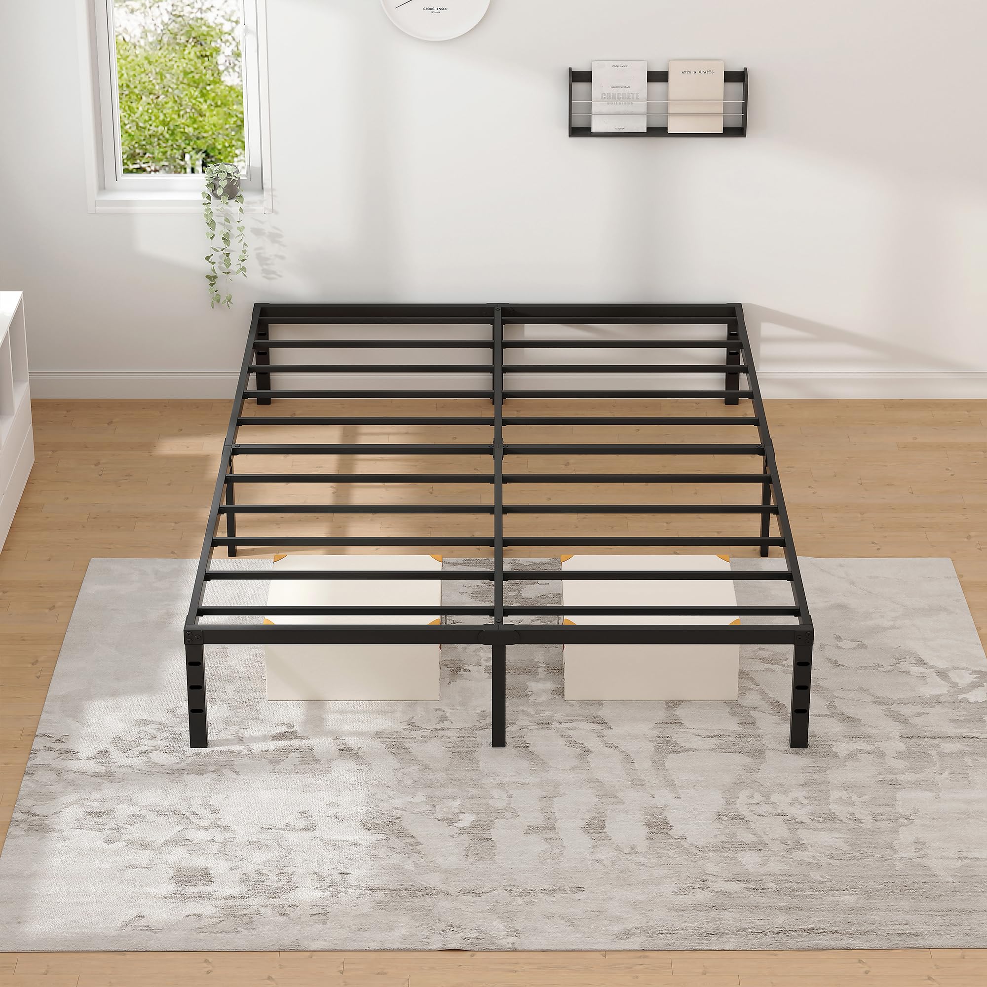 NEW JETO Metal Bed Frame,Queen Size Bed Frame with Storage Space,Heavy Duty Sturdy Mattress Foundation, Easy Assembly,No Box Spring Needed, Black,12 Inch,Queen