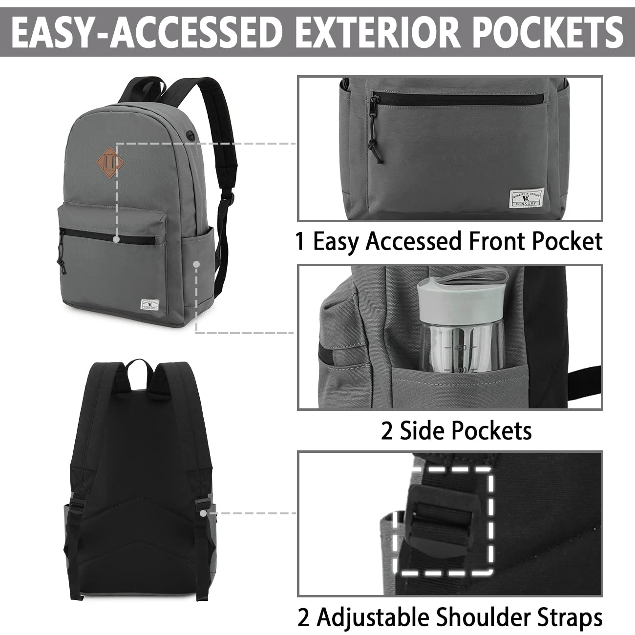 VX VONXURY Lightweight School Backpack for Teen Boys and Girls,Water Resistant Bookbag for Travel Work(Grey)