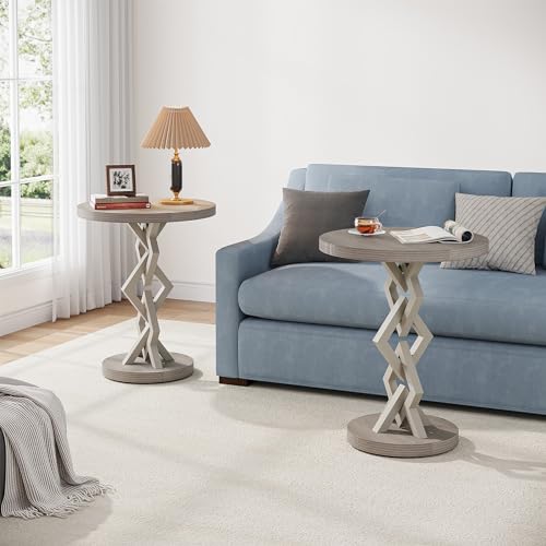 Tribesigns Set of 2 Round End Table, 2-Tier Wood Side Table with Pedestal, Modern Nightstand Bedside Table Coffee Accent Table for Living Room Bedroom & Small Space, Gray (2)