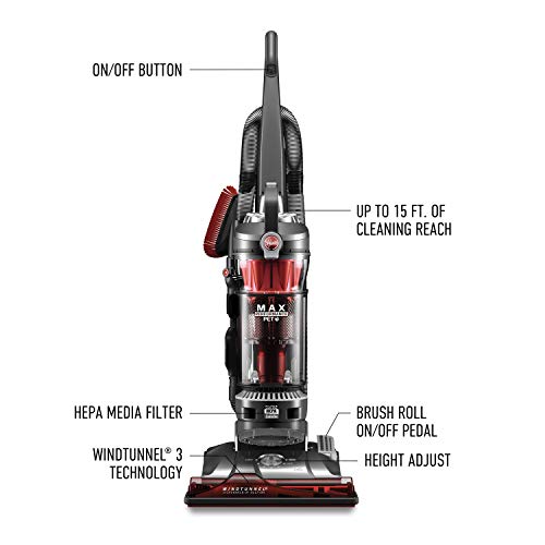 Hoover WindTunnel 3 Max Performance Pet, Bagless Upright Vacuum Cleaner, HEPA Media Filtration, For Carpet and Hard Floor, UH72625, Red