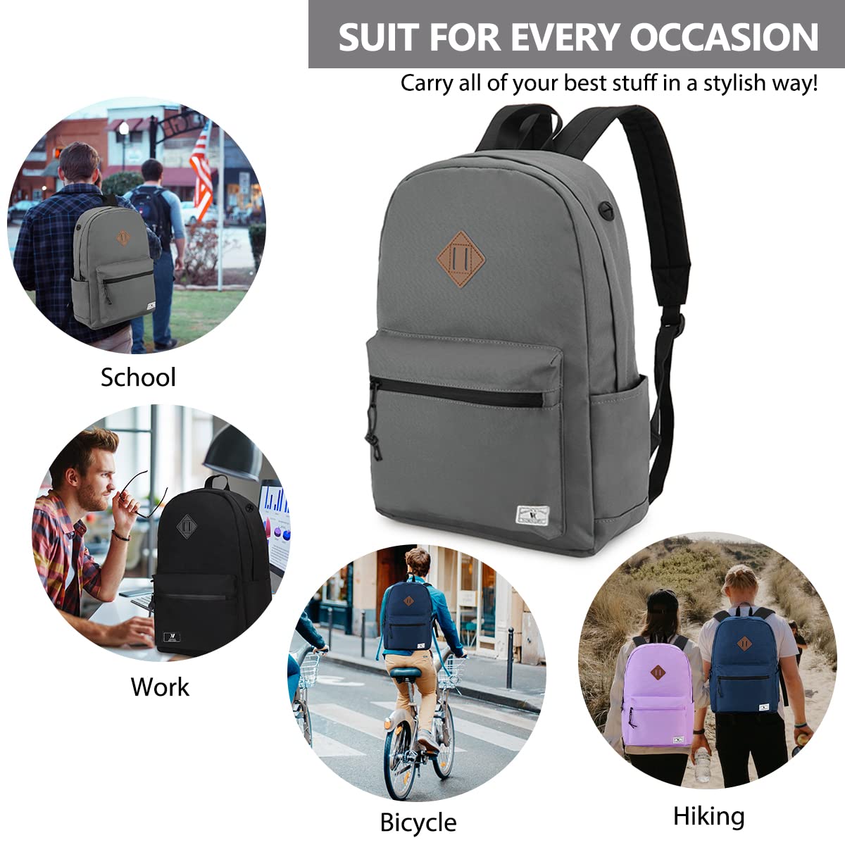 VX VONXURY Lightweight School Backpack for Teen Boys and Girls,Water Resistant Bookbag for Travel Work(Grey)