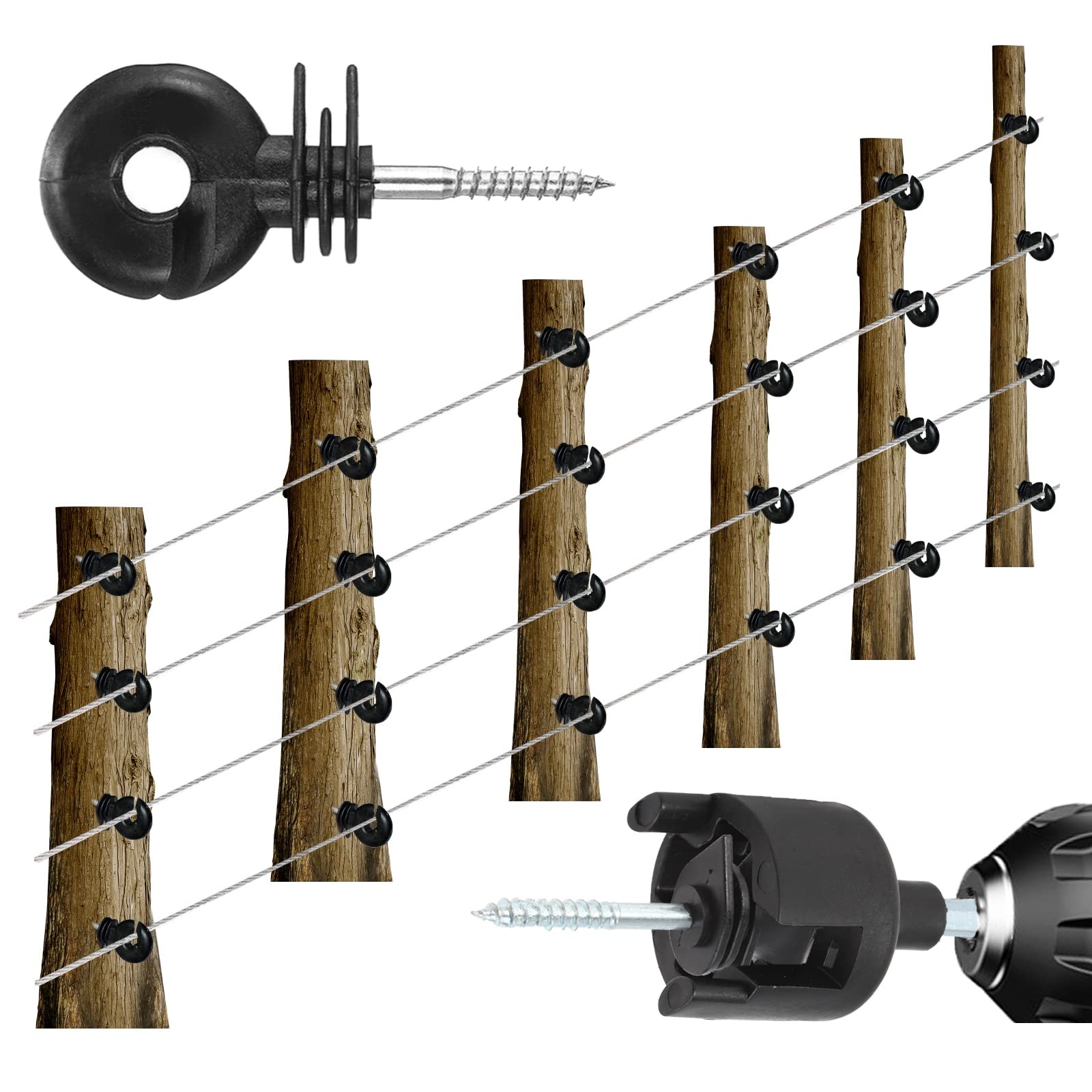 100Pcs Black Electric Fence Insulator Screw-in Insulator Fence Ring Post Wood Post insulators and 1 Pc Free Insulator Socket Tool(Grid System Accessories for Animal Husbandry Electronic)