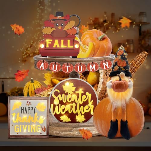 Thanksgiving Tiered Tray Decorations, LED Light Up Thanksgiving Decorations Farmhouse Rustic Wooden Sign Turkey Gnome Fall Decor Warm Thanksgiving Autumn Home Table Kitchen Decorative Tray