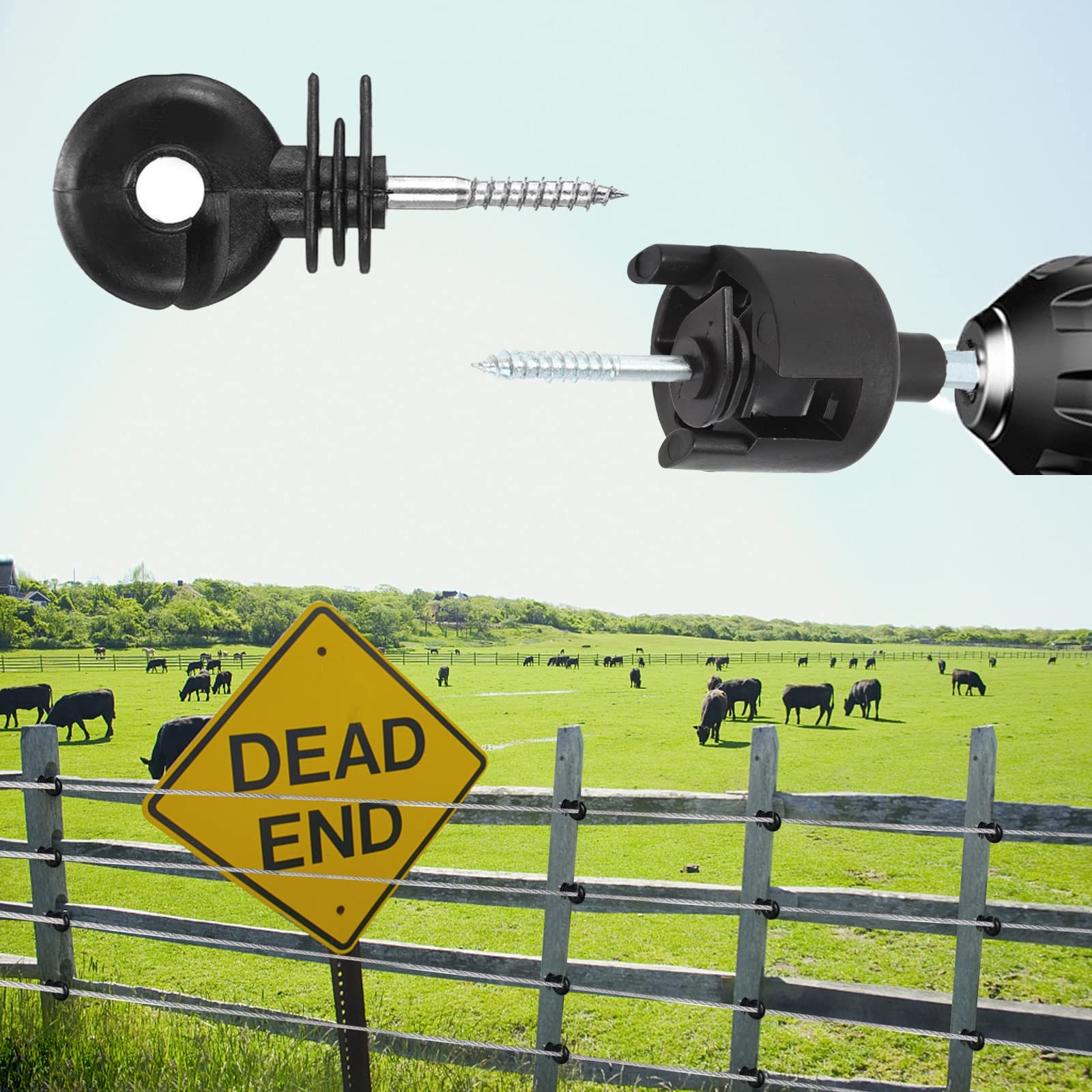 100Pcs Black Electric Fence Insulator Screw-in Insulator Fence Ring Post Wood Post insulators and 1 Pc Free Insulator Socket Tool(Grid System Accessories for Animal Husbandry Electronic)
