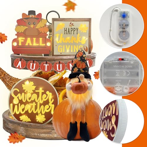 Thanksgiving Tiered Tray Decorations, LED Light Up Thanksgiving Decorations Farmhouse Rustic Wooden Sign Turkey Gnome Fall Decor Warm Thanksgiving Autumn Home Table Kitchen Decorative Tray