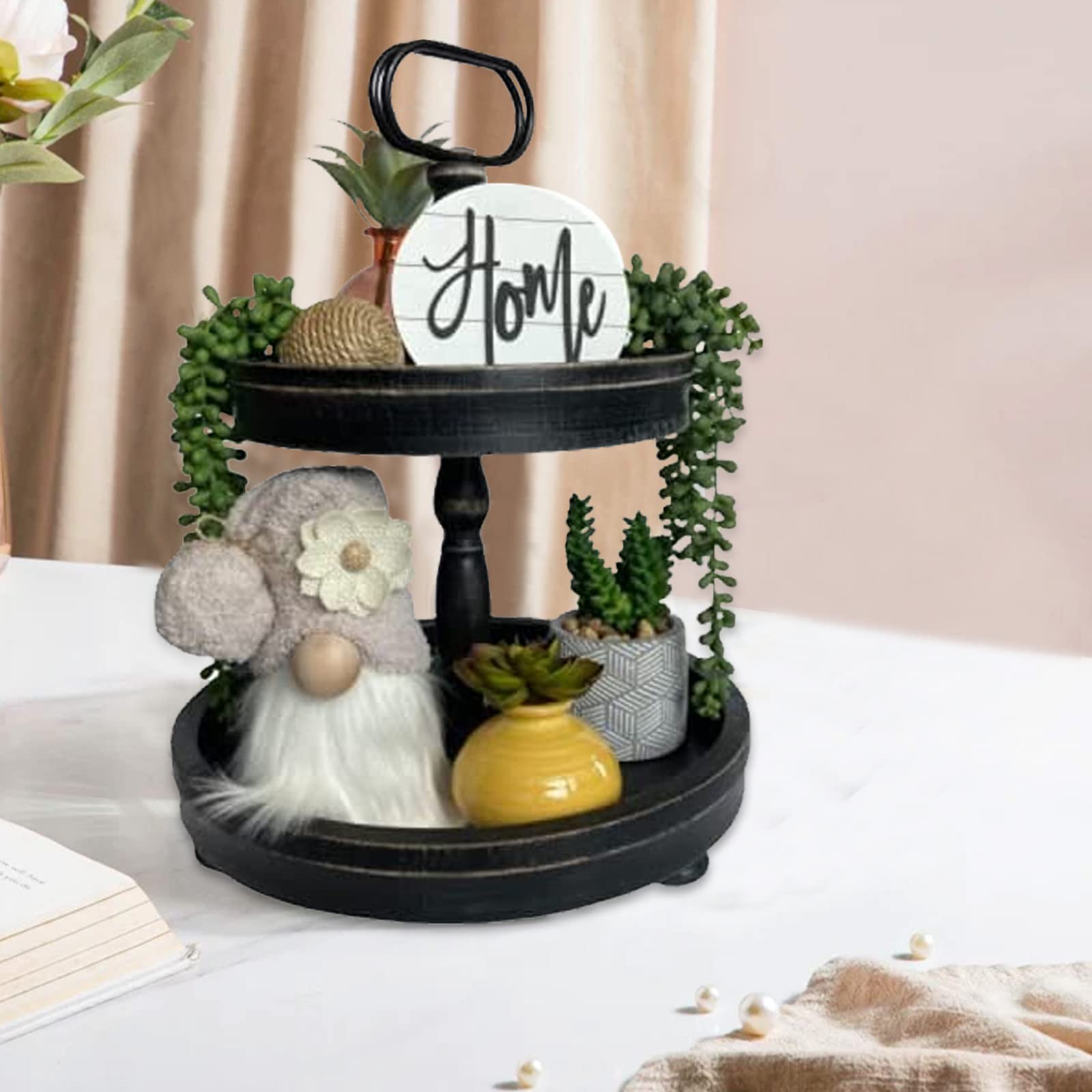 DECORIO Beautiful Tiered Tray Black Slighly Distressed, Two Tiered Wood Decorative Tray - Tiered Tray Stand - Two Tier Tray Tiered Tray Decor - 2 Tier Tray Tiered Serving Tray - Spring Decor 17"